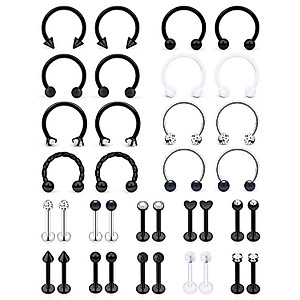 SCERRING 16g Lip Rings Stainless Steel Horseshoe Labret Monroe Nail Tragus Helix Earrings Studs Medusa Piercing Jewelry 8mm 36PCS Black