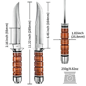 ZhengSheng 6.4 inches Fixed Blade Hunting Knife Genuine Leather Handle Bowie Knife with Leather Sheath Straight Edge Knife for Camping, Hiking, Survival