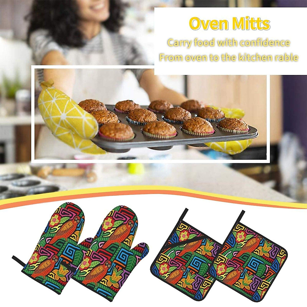 Mola De Panama Oven Mitts and Pot Holders Sets for Kitchen - Heat Resistant BBQ Oven Gloves - Polyester Printing Non-Slip Surface Set of 4