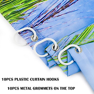 Summer Ocean Beach Shower Curtain for Bathroom Funny Pink Flamingo and Starfish with Seashell Coastal Bathroom Shower Curtains with Hooks, Tropical Palm Leaf Bathroom Curtains Shower Set 60x72 inch