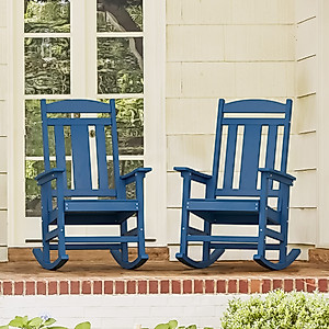 LUE BONA Outdoor Rocking Chairs Set of 2, Weather Resistant Poly Plastic Rocker Chairs, 350lb Heavy Duty, Oversized Porch Rocker for Adult, High Back Smooth Rocking Chairs for Outdoor & Indoor, Blue