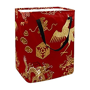 Chinese Traditional Paper-Cut Art Print Collapsible Laundry Hamper, 60L Waterproof Laundry Baskets Washing Bin Clothes Toys Storage for Dorm Bathroom Bedroom