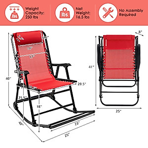 Goplus Folding Rocking Chair, Zero Gravity Rocking Camping Chair with Pillow & Armrests, Folding Lounge Rocker for Outdoor Beach Poolside Yard Garden Indoor (Set of 2, Red)