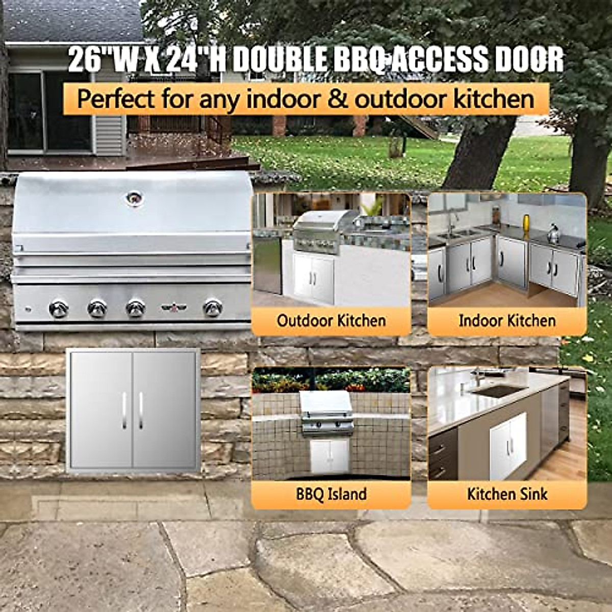 KODOM BBQ Access Door 26W x 24H Inch, Stainless Steel Double BBQ Doors,Weatherproof Outdoor Kitchen Doors for BBQ Island Outdoor Kitchen and Outside Cabinet