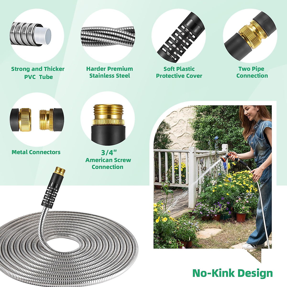 Garden Hose 100 ft - Metal Hose Stainless Steel Water Hose Flexible Heavy Duty Garden Hose Collapsible and No Kink Water Pipe