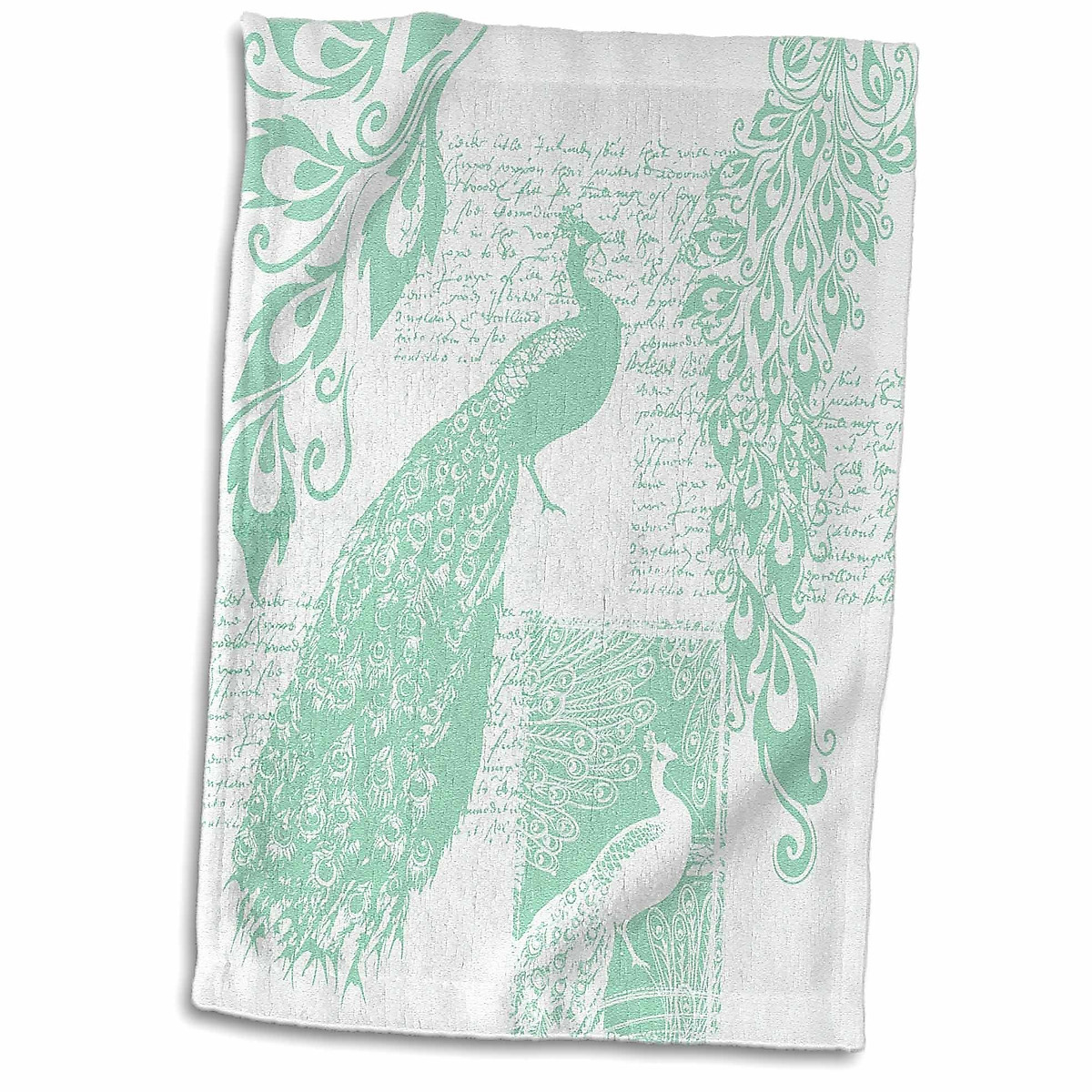 3D Rose Mint Green Vintage Peacock-Birds Hand/Sports Towel, 15 x 22