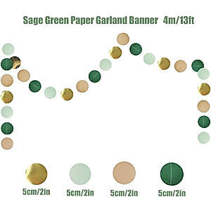Sage Green Party Decorations Sage Green and Gold Paper Pom Poms Flowers Paper Fans Olive Sage Gold Circle Dots Garland for Sage Birthday Baby Shower Bridal Shower Wedding Party Decoration