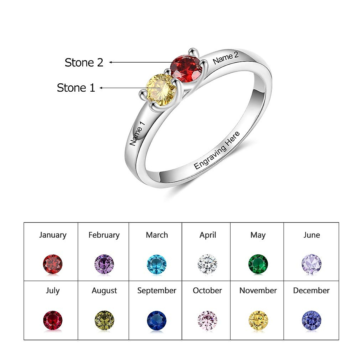 Personalized Mothers Rings with 2/3/4 Simulated Birthstones Custom Mother Daughter Ring Jewelry for Women Engagement Wedding Promise Rings for Her (2 stones, 8)
