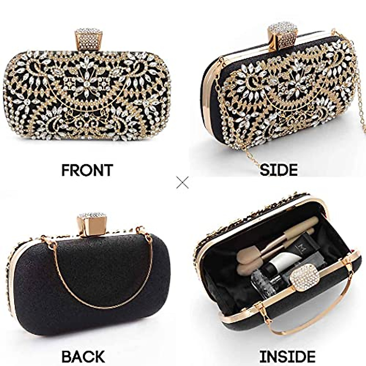 Yokawe Womens Crystal Evening Clutch Bag Bridal Wedding Purse Rhinestone Party Prom Handbag (Black)