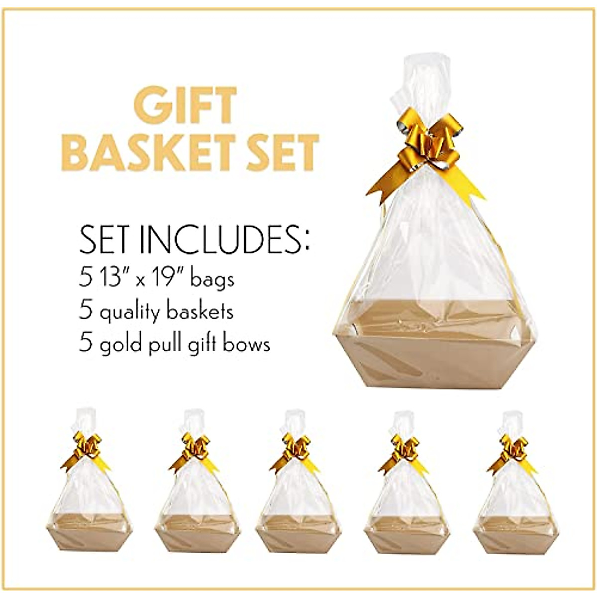 [5 Pk] Baskets for Gifts Empty | 8x10” Kraft Gift Basket Kit with Basket Empty, Basket Bags, Gold Pull Bows | Wine Basket Gift Set | Christmas, Easter, Occasions | Gift to Impress - Upper Midland