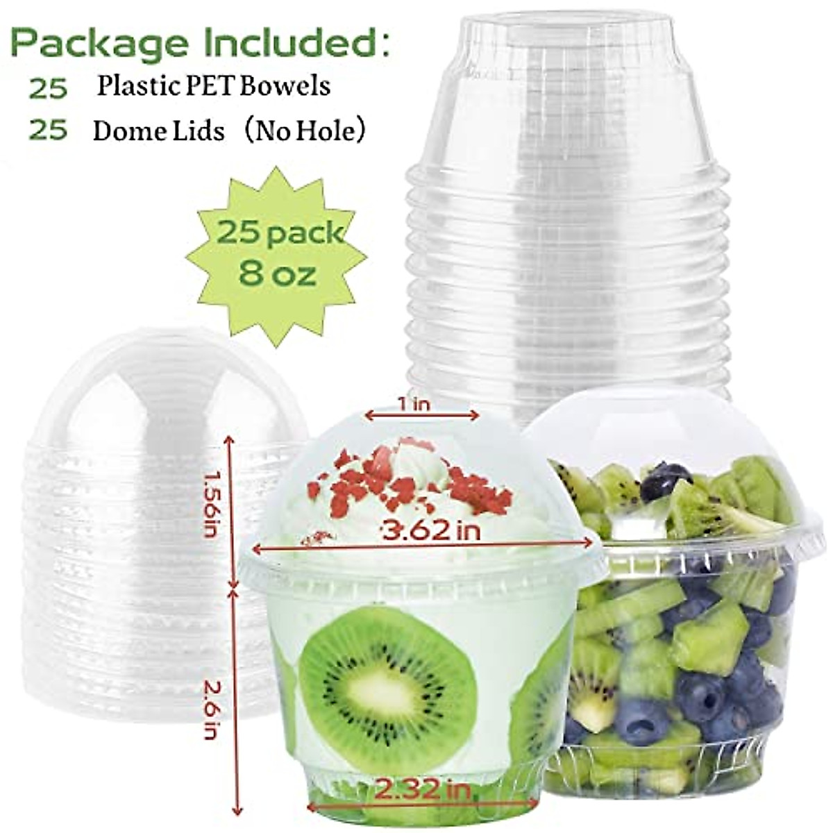botogift 8 oz Clear Plastic Dessert Cups with Dome Lids (25Sets) - Disposable Snack Bowls (No Hole) for Cereal Parfait, Yogurt, Cupcakes, Pudding, Jello and Individual Desserts at Party