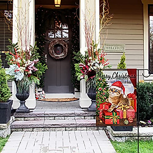 Artofy Merry Christmas Home Decorative Garden Flag, Xmas Tree Ornaments Gifts House Yard Cat Kitty Hat Outside Decor, Winter Holiday Farmhouse Outdoor Small Burlap Decoration Double Sided 12 x 18