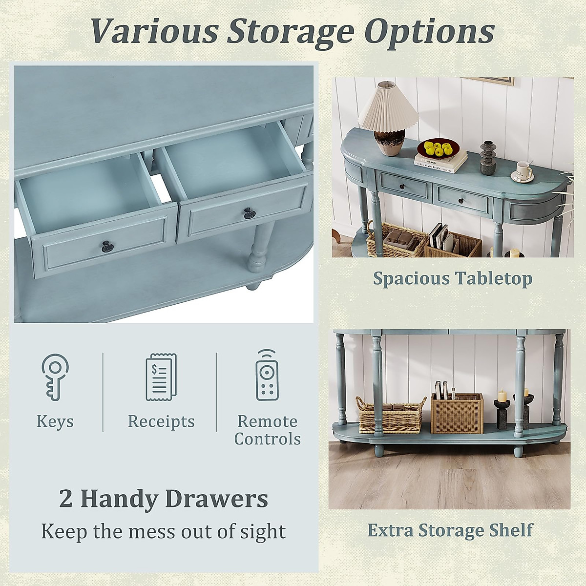 Giantex Console Table with Storage, 52” Long Sofa Table with 2 Drawers, Open Shelf, Solid Wood Legs, Narrow Entryway Table, Vintage Behind Couch Entry Table for Living Room Hallway, Foyer