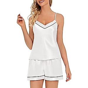 SWOMOG Women's Silk Satin Pajamas Set Lingerie 2Pcs Pjs Cami Top and Shorts Nightwear White