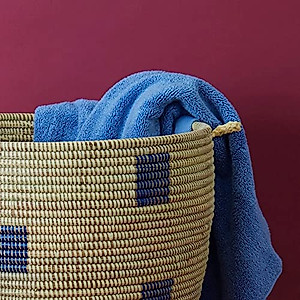 Senegal Extra Large Hand Woven Blue Beige Geometric Grass Basket with Hooded Lid