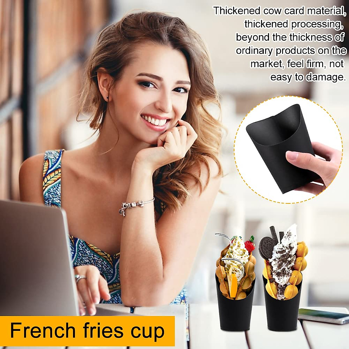 QWLWBU 100Pcs French Fries Holder 14oz Disposable Paper French Fry Cups Take Out Party Baking Waffle Paper Popcorn Boxes Charcuterie Cups for All Occasions(Black,Size:14oz)