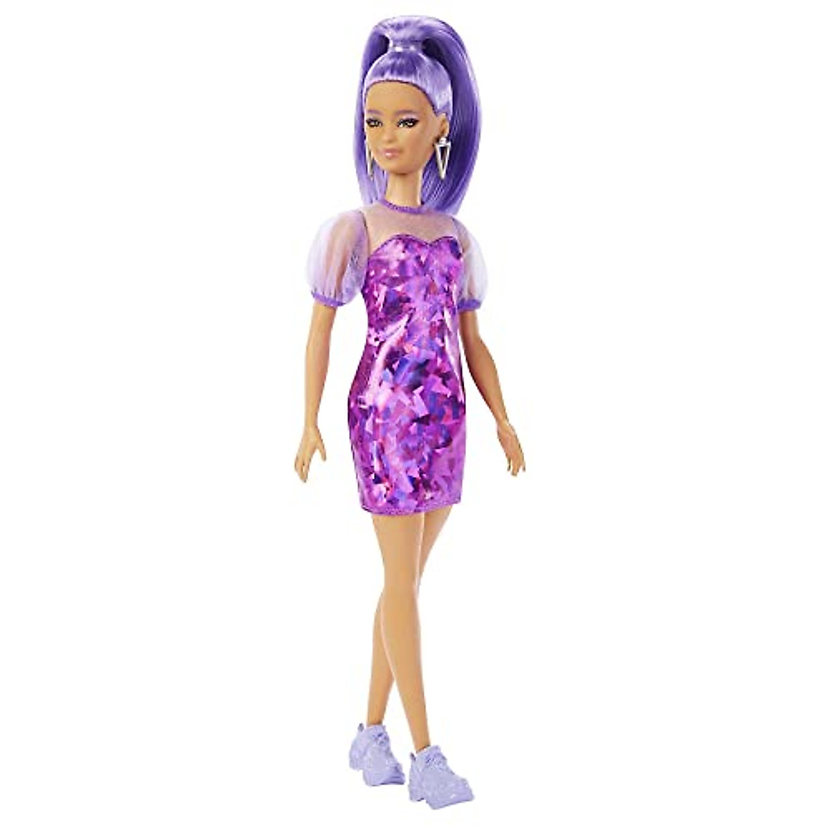Barbie Fashionistas Doll, Petite, Long Purple Hair & Purple Metallic Dress, Sheer Bodice & Sleeves, Purple Sneakers, Toy for Kids 3 to 8 Years Old