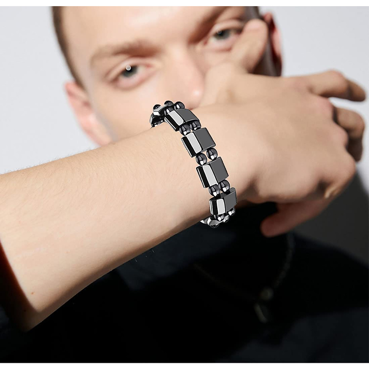 WAINIS 8 Pcs Hematite Bracelet Set for Men Women Stretch Round Bead Stone Bracelet Unisex Jewelry Gift