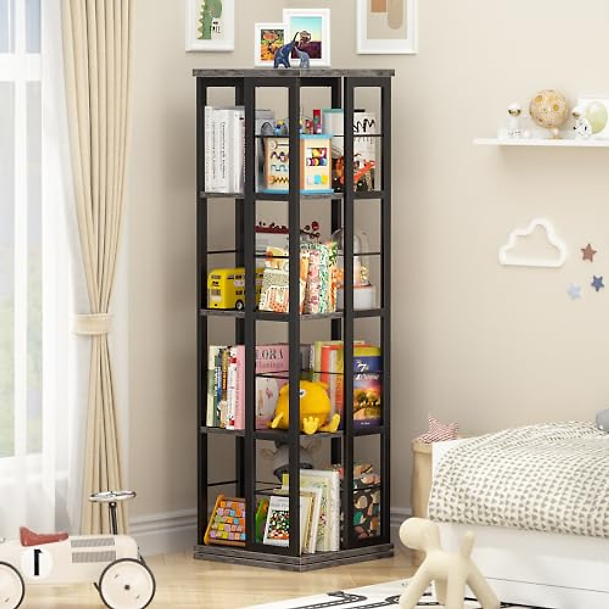 Besiost Bookshelf, Rotating Bookshelf Corner Bookcase, 360 Wood Spinning Narrow Bookshelf, 4 Tier Floor Standing Bookcase Shelf Revolving Organizer Storage Rack for Small Space, Study Room, Black Oak