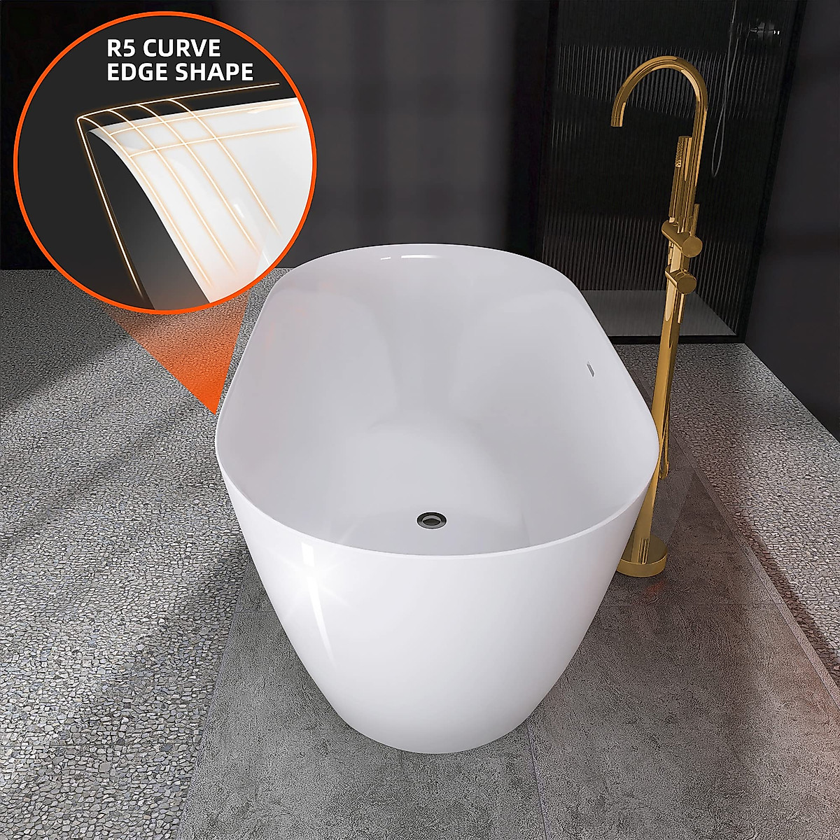 ZUAGCO Free Standing Tub 59" Curve Shape Acrylic Freestanding Bathtub Adjustable Modern Soaking Tub with Integrated Slotted Overflow and Removable Pop-up Drain Anti-clogging Glossy White 59"x30"