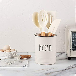 Rae Dunn Everyday Collection 5 Piece Silicone Kitchen Utensil Set with Canister Holder- Kitchen Tools with Beechwood Handles (White)