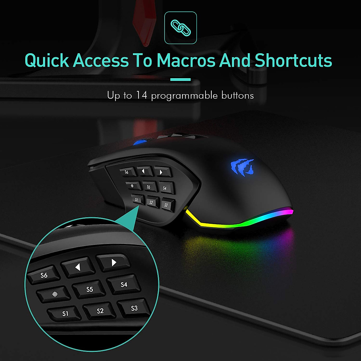 Havit Gaming Mouse Computer Ergonomic Wired Mice with 14 Programmable Buttons Interchangeable Side Plates (8 Buttons/ 8+6 Side Buttons), 2 Replaceable Right Plates for Laptop PC Gamer