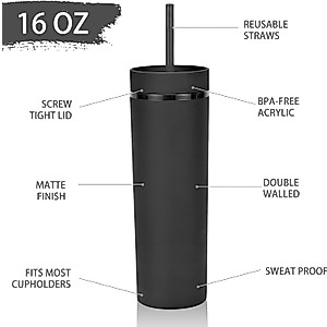 Futtumy Skinny Tumblers with Lids and Straws, 16Oz Matte Black Tumbler, Reusable Pastel Acrylic Tumblers, Double Wall Tumblers, Plastic Coffee Tumbler for Cold Hot Drinks, DIY Cups (Black, 1Pcs)