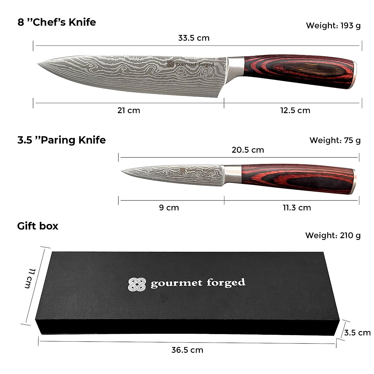Gourmet Forged ChefDuo Professional 8 inch Chef Knife and 3.5 inch Paring Knife 2 Piece Set Ultra Sharp High Carbon German Steel with Damascus Pattern Ergonomic Pakkawood Handles Gift Box