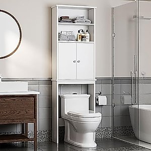 Shintenchi Over The Toilet Storage Cabinet, Bathroom Above The Toilet Rack, Bathroom Adjustable Shelf Organizer with Open Bottom Bar and Anti-Tip Device, White