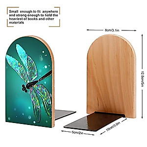 IMXBTQA Exquisite Printed Bookends,Glass Dragonfly Green Heavy Duty Wood + Metal Book Ends Supports Desktop Books Organizer Book Cds Storage for Office School Library Home, One Size