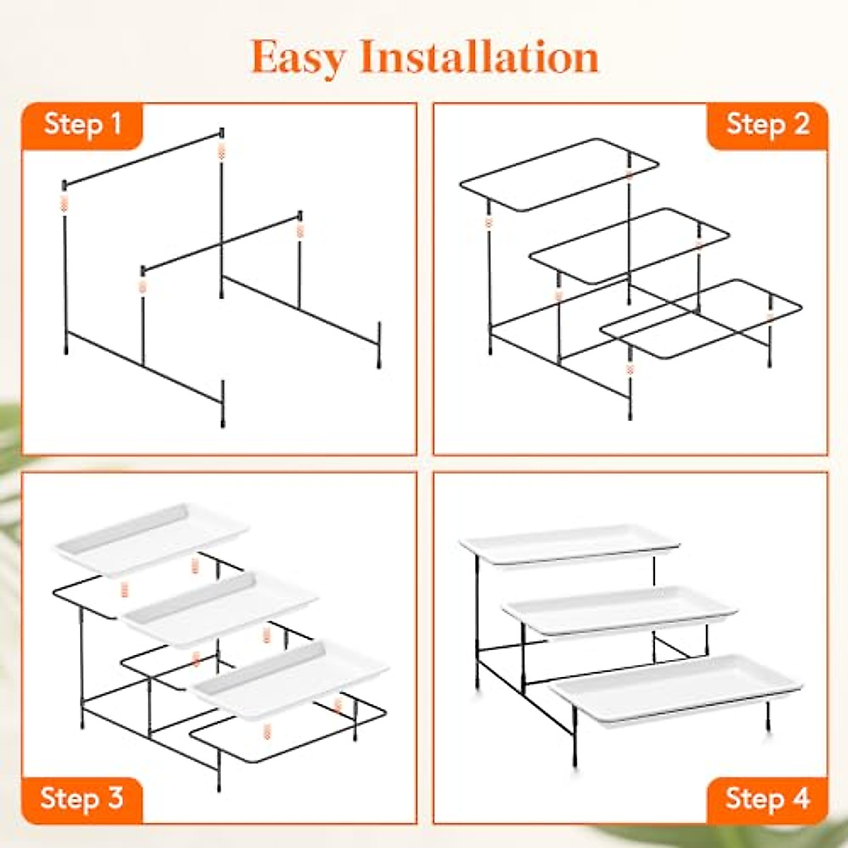 Lifewit 3 Tier Plastic Serving Tray for Party Supplies, 12" x 6.5" Platters for Serving Food, White Reusable Trays with Black Metal Display Stand for Veggie, Fruit, Cookies, Dessert