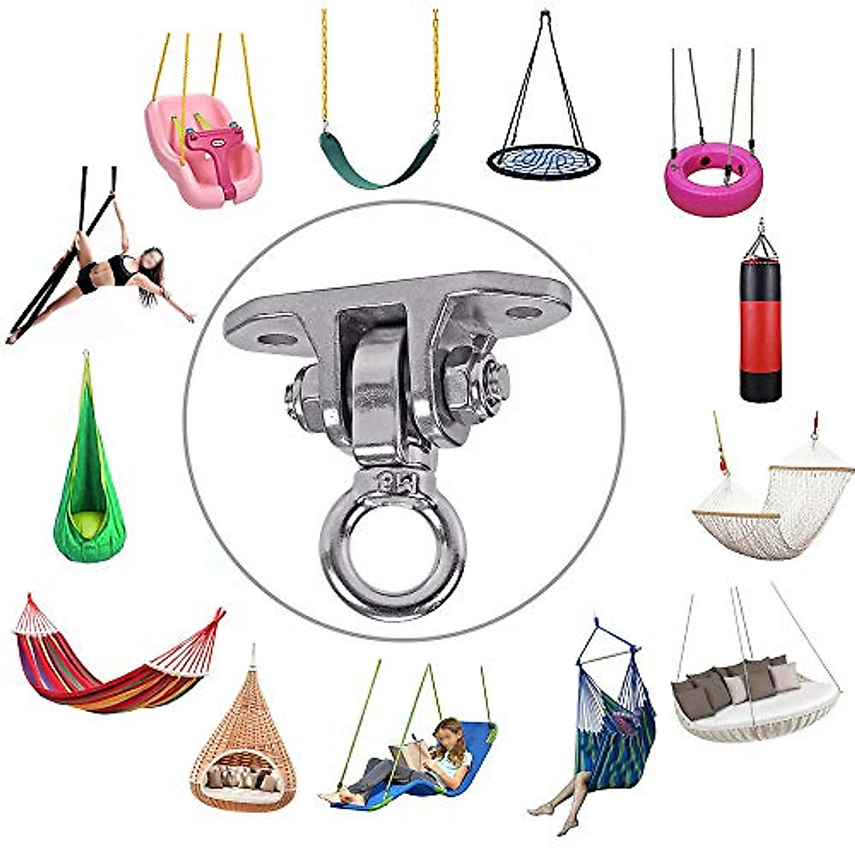 Dakzhou Stainless Steel 304 Heavy Duty Hanger 180°360° Swing 1200 LB Mounting Auger Installation Guide Playground Porch Swing Sandbag Yoga Hammock Stand Wooden Indoor-Outdoor