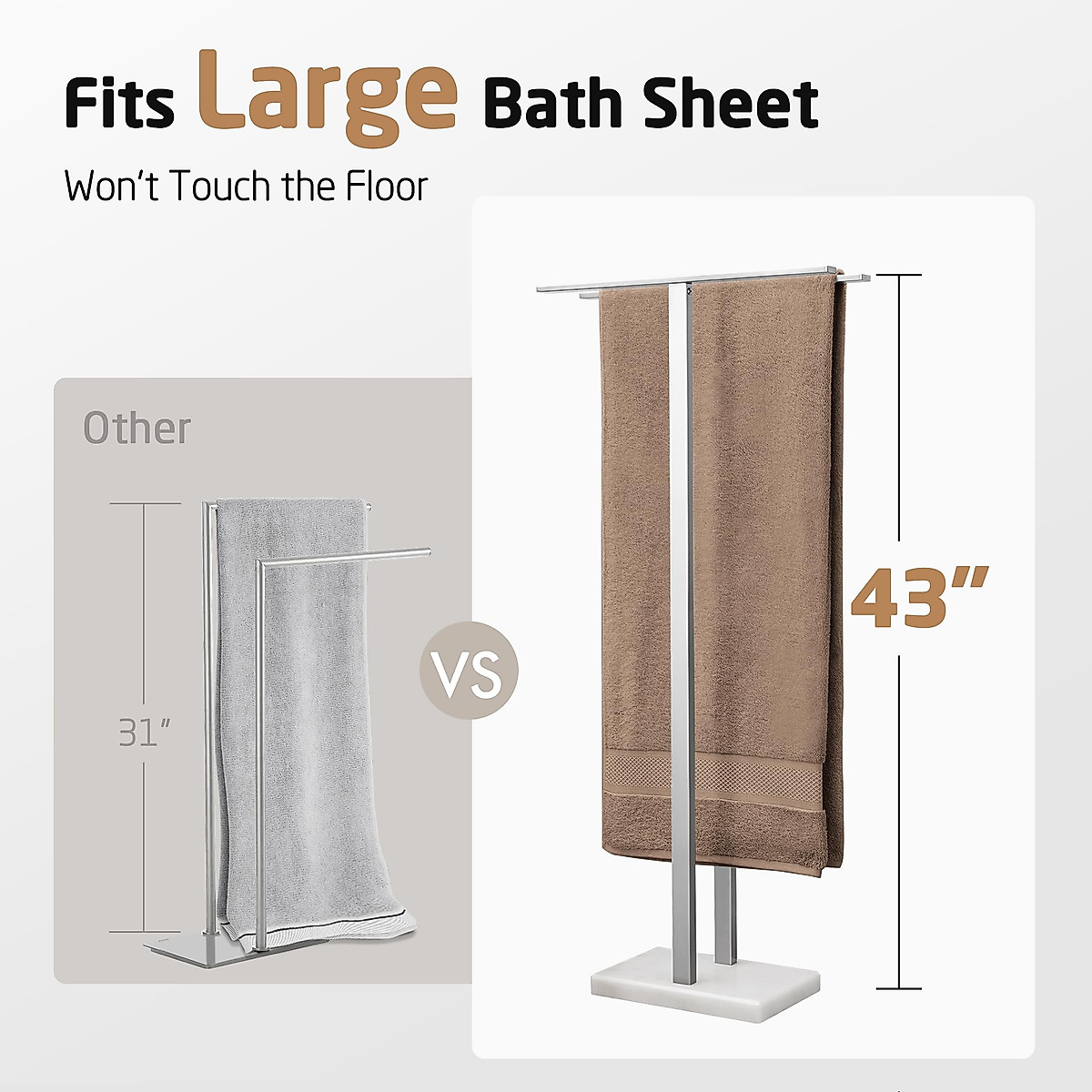 KES Standing Towel Rack for Bathroom, Free Standing Towel Rack Bathroom Floor with Weighted Marble Base 2-Tier, Extra High Thick Double Bath Towel Holder 18/8 Stainless Steel Brushed Finish, BTH232-2