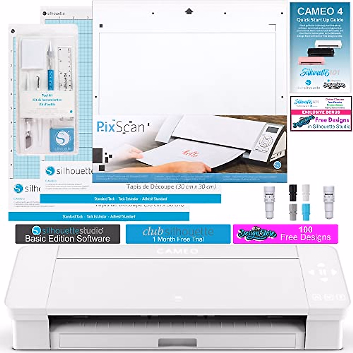 Silhouette Cameo 4 Extras Bundle with Extra AutoBlade, Extra Cutting mat, Tool Kit, PixScan Mat, and Start up Guide for Cameo 4 with Bonus Designs