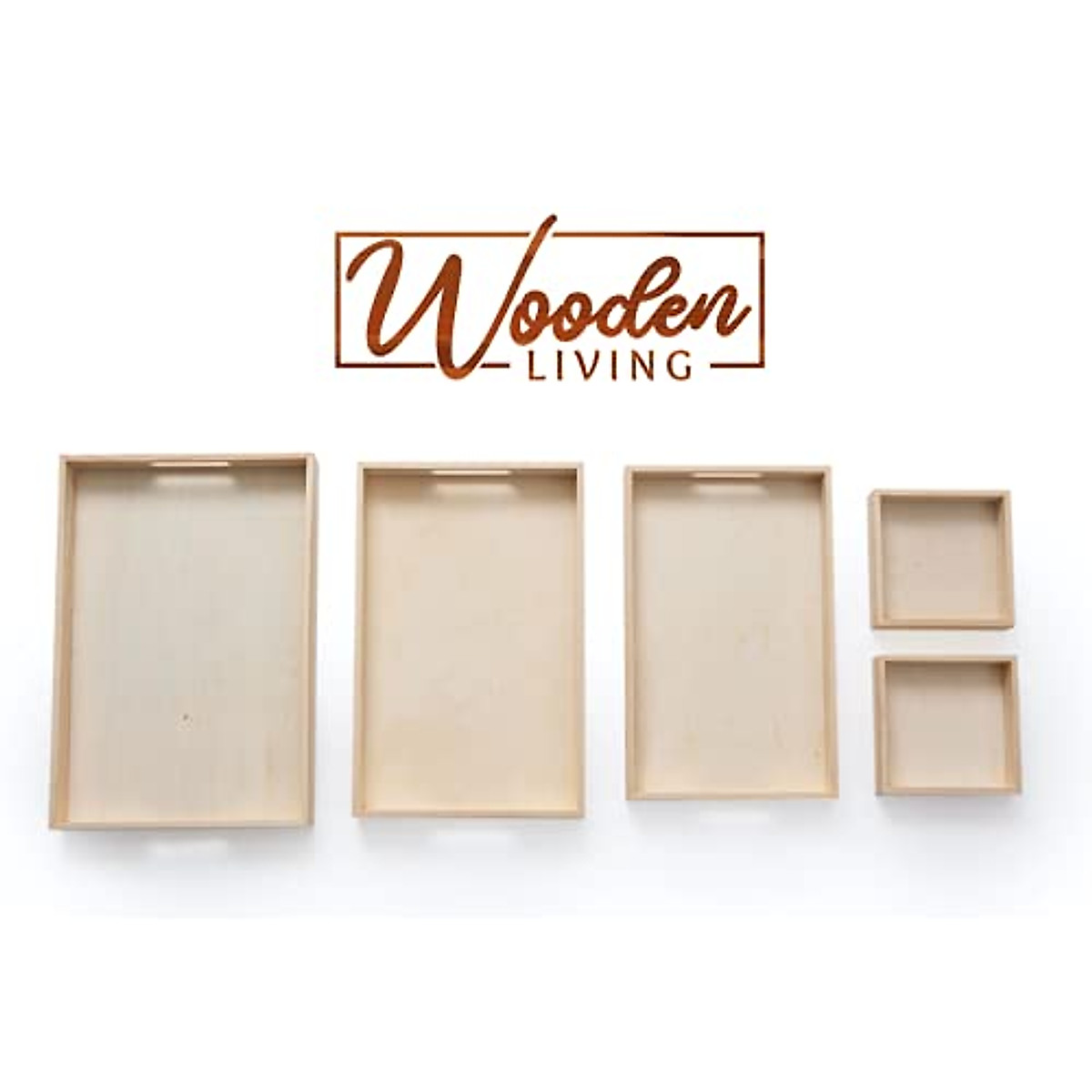 Wooden Living - Serving Tray/Wooden Trays with Handles and Small Wood Boxes Set (Unfinished) | for Montessori Activity, Art/Crafts, Painting, Restaurant Food, Decorative, Coffee Table | 5 Pieces