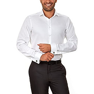 Calvin Klein Men's Dress Shirt Slim Fit Non Iron Herringbone French Cuff, White, 15.5" Neck 34"-35" Sleeve