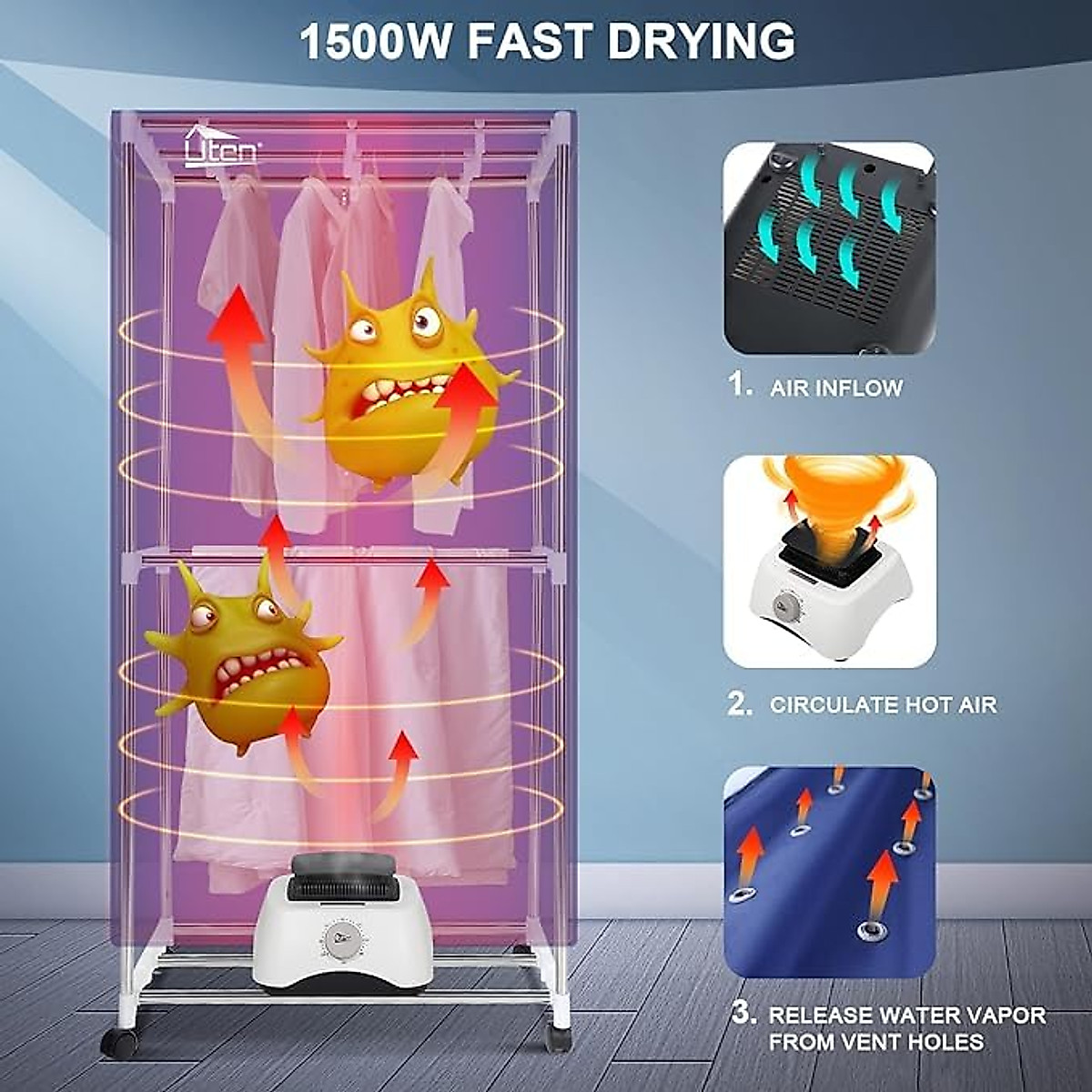 Uten Clothes Dryer, 1500W Clothes Dryer Machine with Timer, Laundry Drying Wardrobe, Electric Clothes Drying Rack and Dryer for Apartments, Home