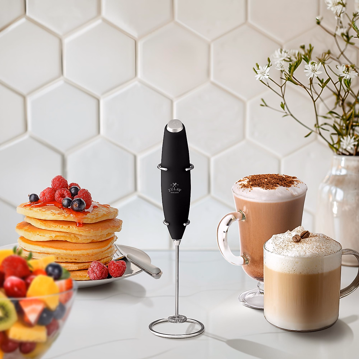 Zulay Original Milk Frother Handheld Foam Maker for Lattes - Whisk Drink Mixer for Coffee, Mini Foamer for Cappuccino, Frappe, Matcha, Hot Chocolate by Milk Boss (Black)