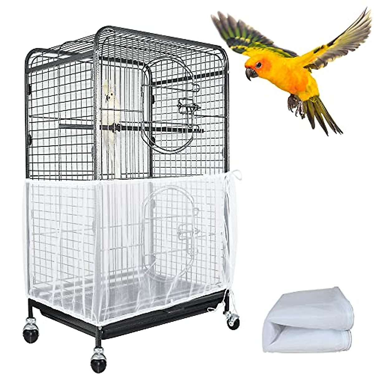 ASOCEA Extra Large Bird Cage Seed Catcher Guard Universal Birdcage Cover Nylon Mesh Net for Parrot Parakeet Macaw Lovebird African Grey - White (Not Include Birdcage) …