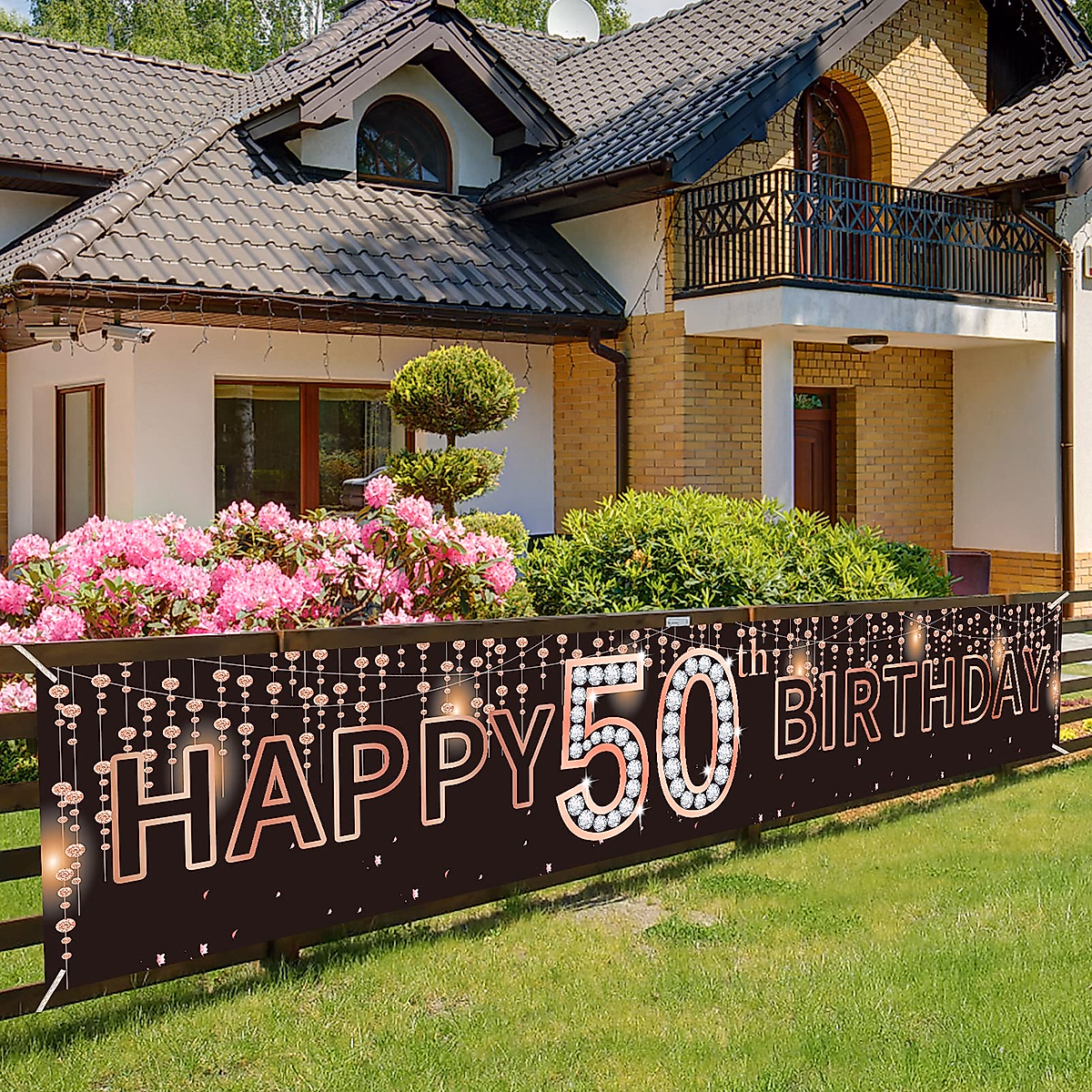 50th Birthday Banner Backdrop Decorations for Women, Rose Gold Happy 50 Birthday Party Photo Booth Props Sign Supplies, 50 Year Old Birthday Poster Decor(9.8ft x 1.6ft)