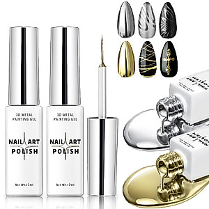 NewBang 2x12ml Metallic Painting Nail Gel Liner Polish, 3D Metal Mirror Effect Painted Drawing Nail Gel with Build in Thin Brush Glossy Chrome Gel Soak Off UV/LED Nail Art Manicure Set #Silver&Gold