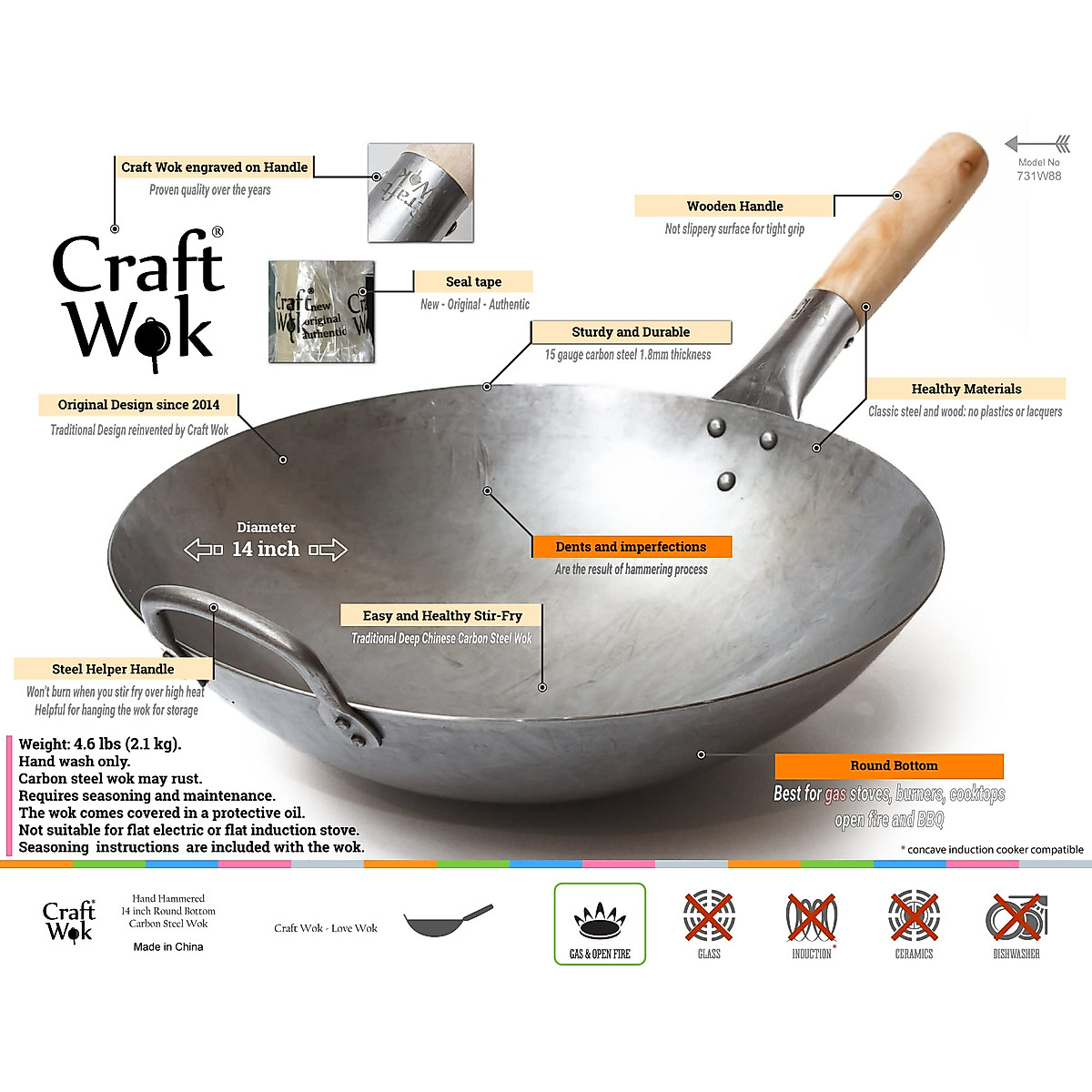 Craft Wok Traditional Hand Hammered Carbon Steel Pow Wok with Wooden and Steel Helper Handle (14 Inch, Round Bottom) / 731W88