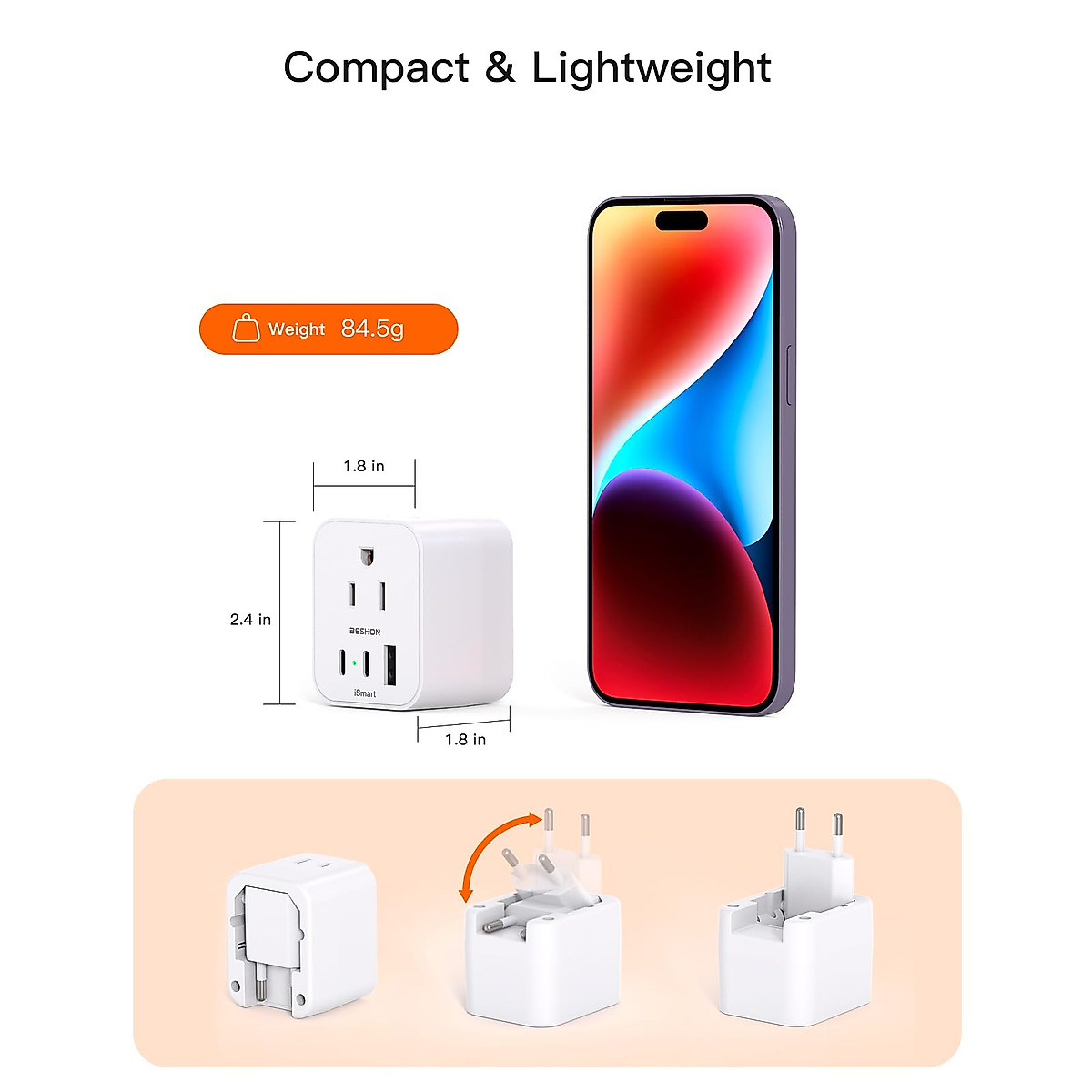 [2-Pack] European Travel Plug Adapter, Foldable International Plug Adapter with 2 AC Outlets 3 USB Ports(2 USB C), Type C Travel Essentials to Most Europe EU Spain Italy France Germany