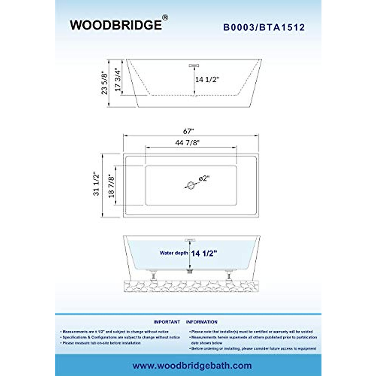 WOODBRIDGE BTA1512-MB-Drain&O Bathtub, 67 Inch, Matt Black