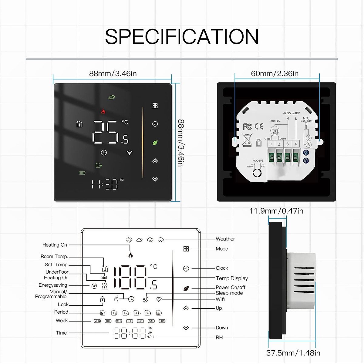 Professional Smart Thermostat,APP Control, WIFI,Programmable,Intelligent Temperature Control for Efficient Energy Usage,Remote Access,95 240VAC,Ideal for Electric Floor Heating