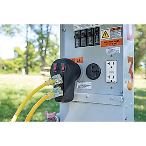 Progressive Industries 50A RV Male to (2) 15A Female Resettable Circuit Breaker Adapter, CBA-5015,Black