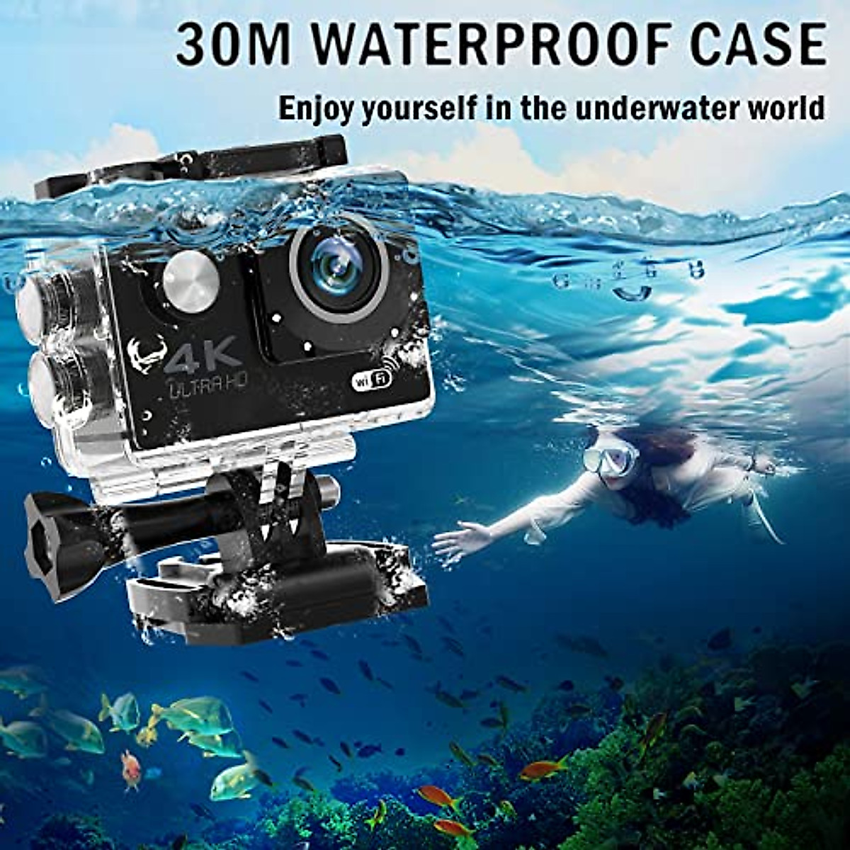 Action Camera 4K30FPS Ultra HD Waterproof Camera,98FT 30M Underwater Cameras and Remote Control 170° Wide Angle Video Recording Sports Cameras with 32G SD Card & 2 Batteries Accessories Kit