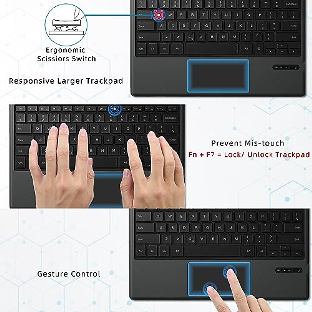 Qulose Keyboard Case for Microsoft Surface Pro 7 Plus/Pro 7 / Pro 6 / Pro 5 / Pro 4 / Pro 3, Wireless Bluetooth Ergonomic Keyboard with Rechargeable Battery and Trackpad - Black