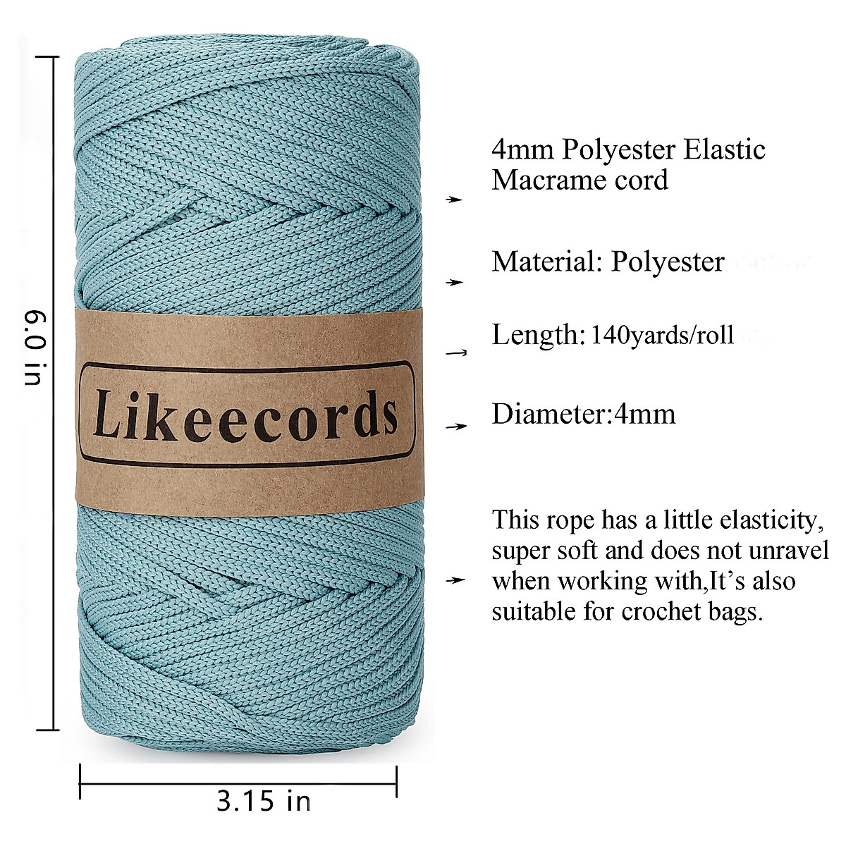 Likeecords 4mm Polyester Braided Macrame Cord 140Yards /426Feet,Elastic Yarn for Crocheting Bag Cord for DIY Crafts,Plant Hangers, Bag, and Home Decorations (Sage Green)