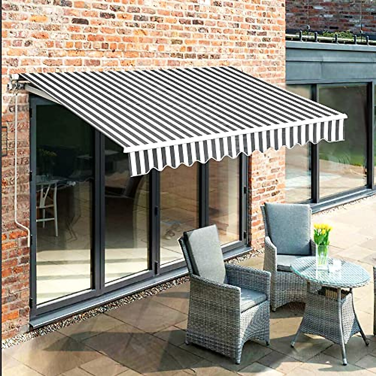 MCombo 13x8 Feet Manual Retractable Patio Door Window Awning Sunshade Shelter Outdoor Canopy (Grey with White Stripes)